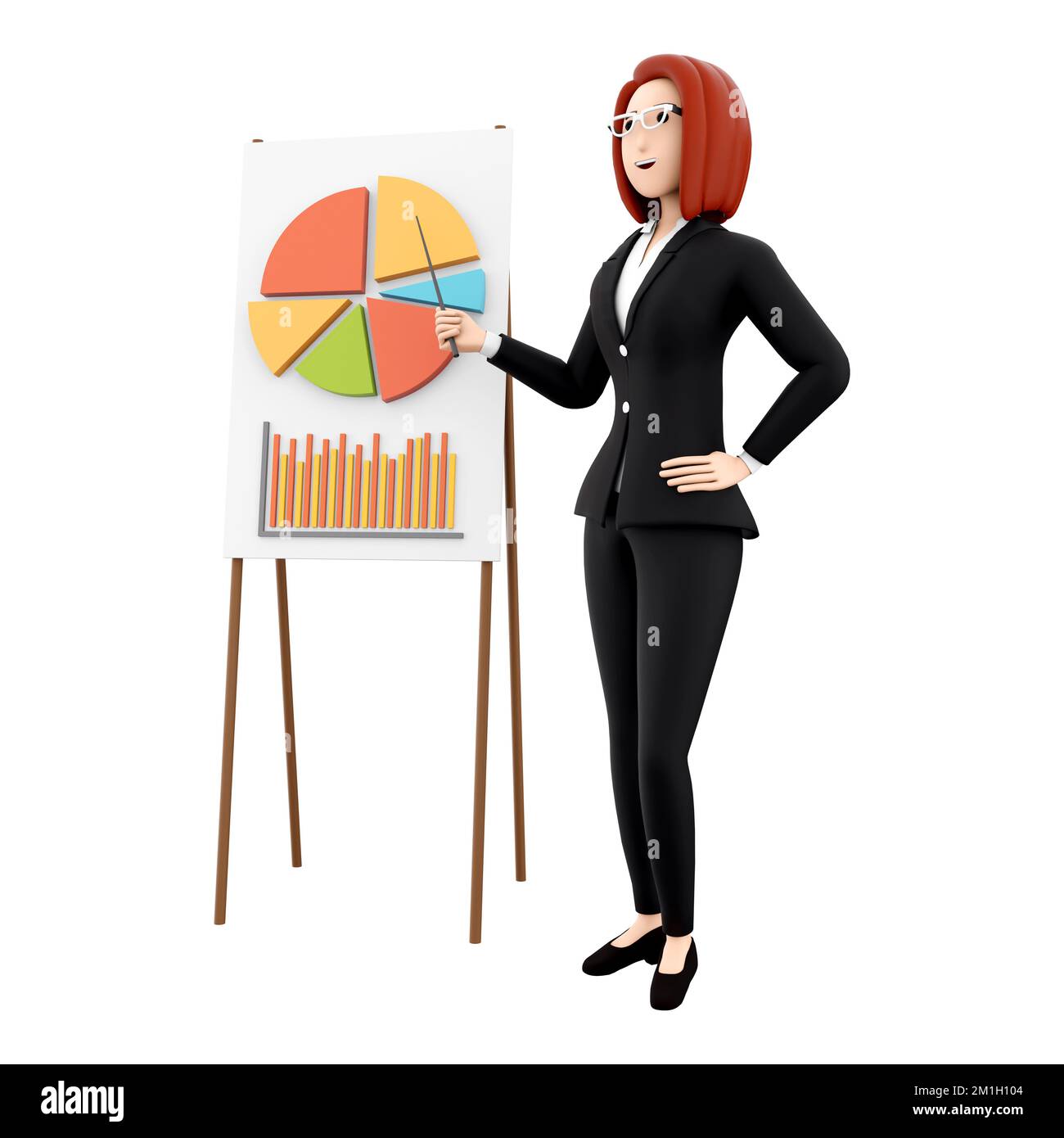 3d render standing business woman. 3d rendering woman showing diagrams ...