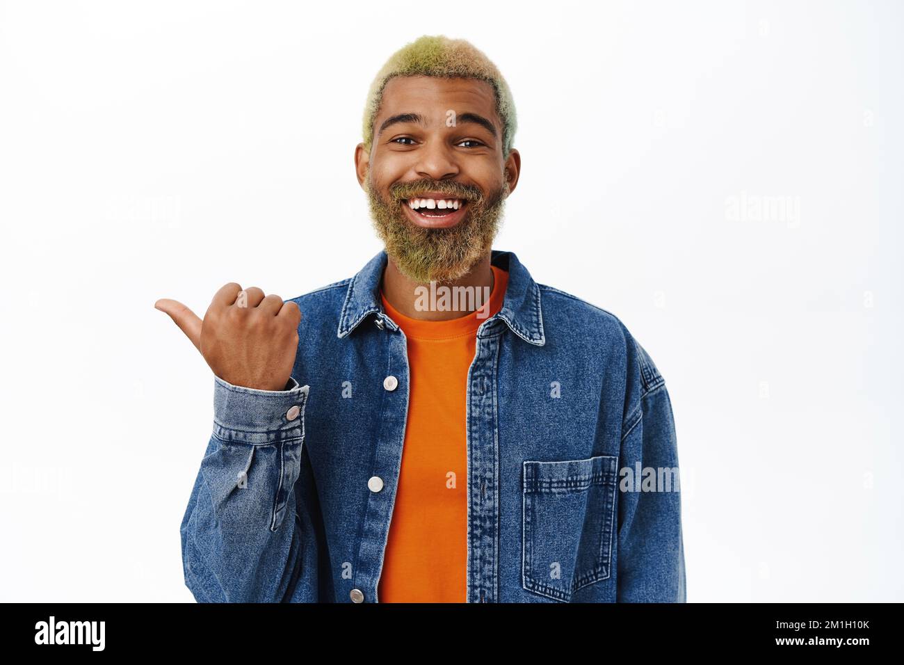 Enthusiastic black guy points hi-res stock photography and images - Alamy