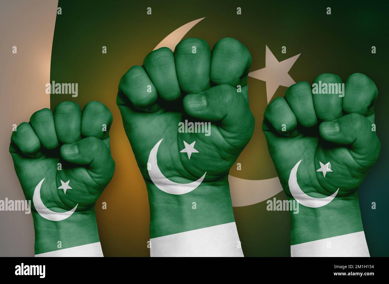 The Pakistan flag is drawn on a clenched fist and in the background ...