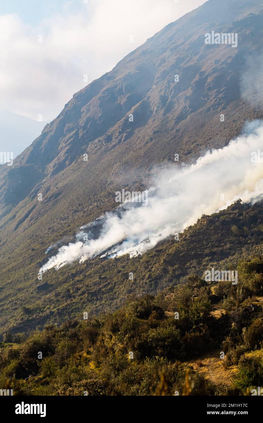 A vertical shot of large plumes of fire smoke on top of a mountain in ...