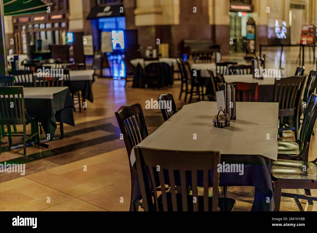 The empty tables at a closed diner at union station in Kansas City ...