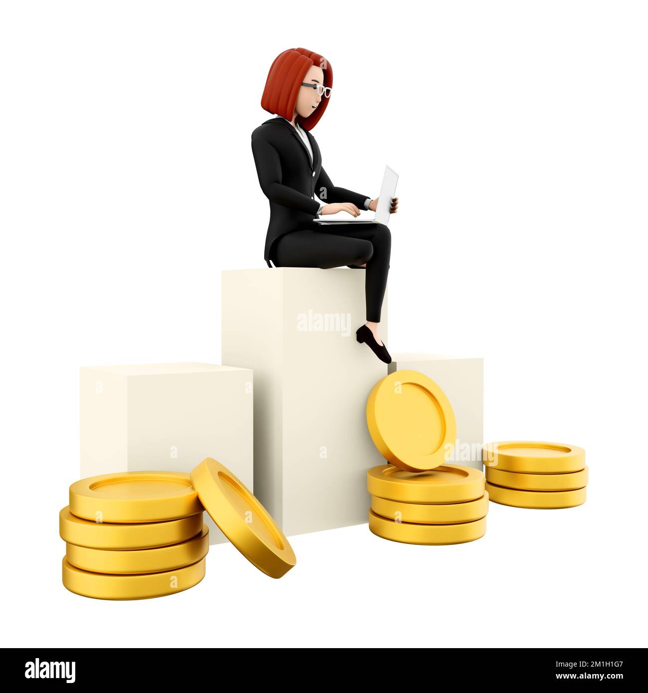 3d render woman crossing legs with gold coins. 3d rendering investor ...