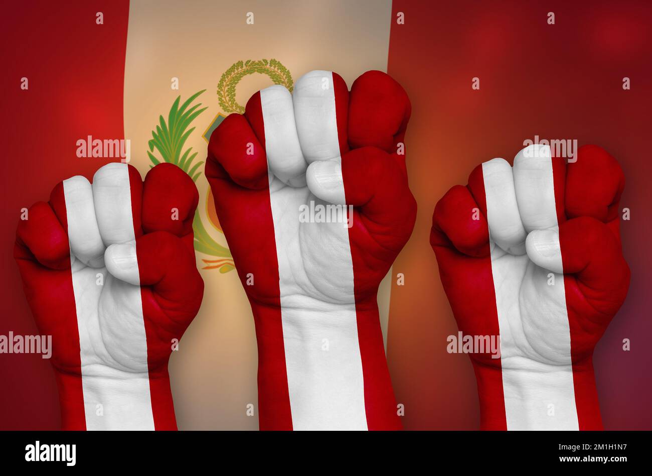 The Peru flag is drawn on a clenched fist and in the background. The ...