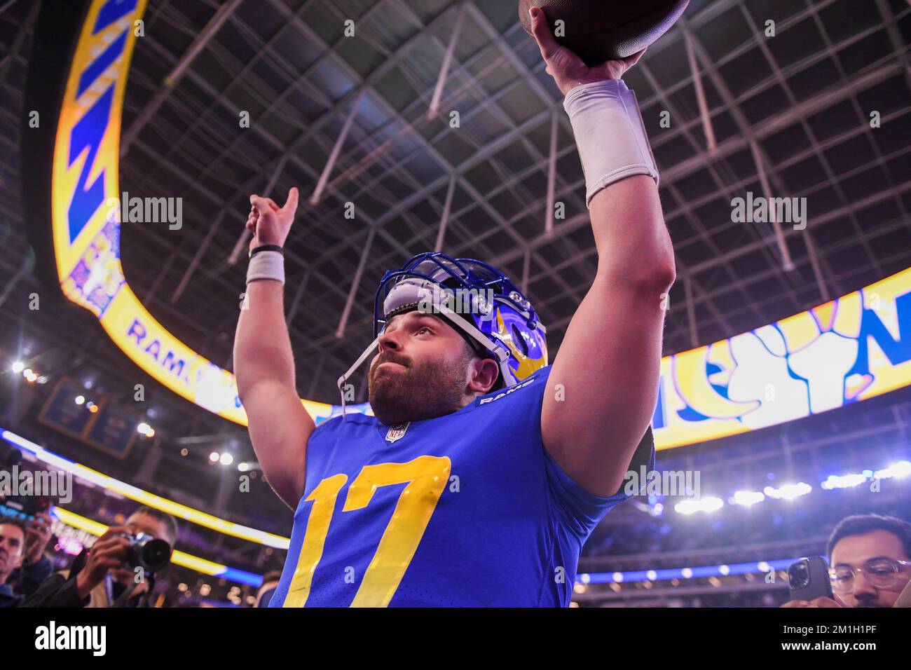 Los Angeles Rams quarterback Baker Mayfield (17) celebrates after ...