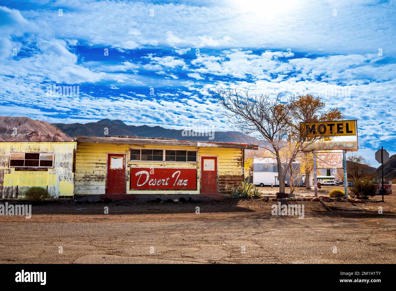 A roadside inn under a blue sky in Beatty, Nevada, United States Stock ...