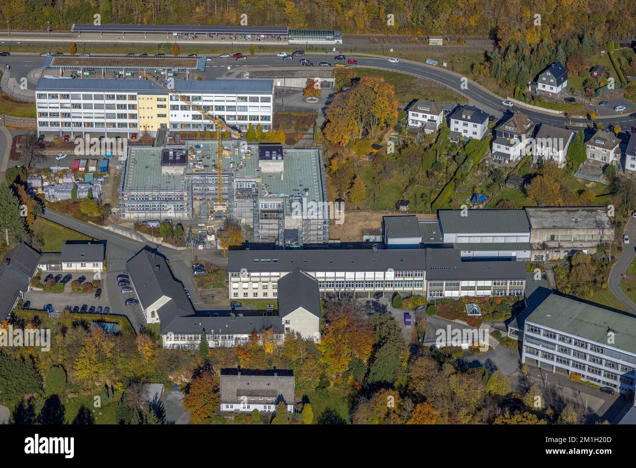 Aerial view, bus station and construction work at the Berufskolleg ...