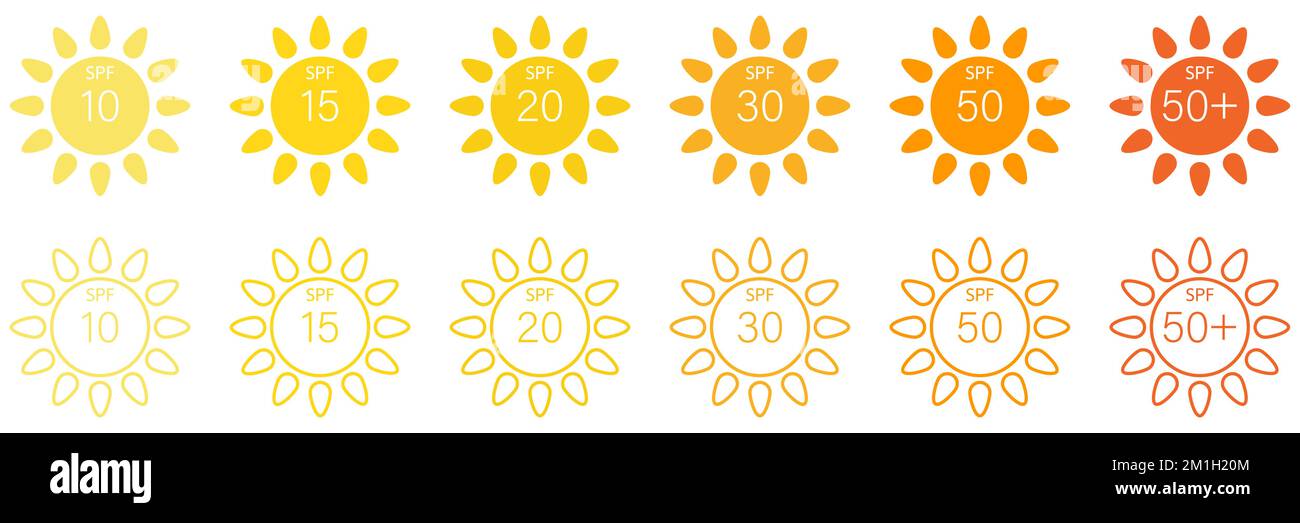 SPF sunscreen sun protection icons. Flat and line art style. Vector ...