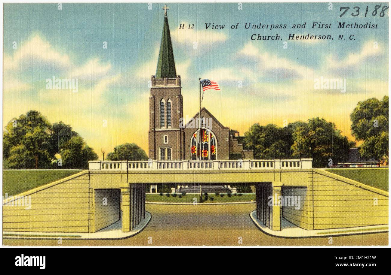 View of underpass and First Methodist Church, Henderson, N. C. , Churches, Tichnor Brothers ...