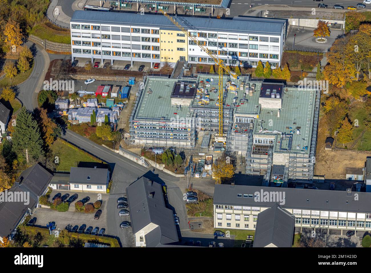 Aerial view, bus station and construction work at the Berufskolleg ...