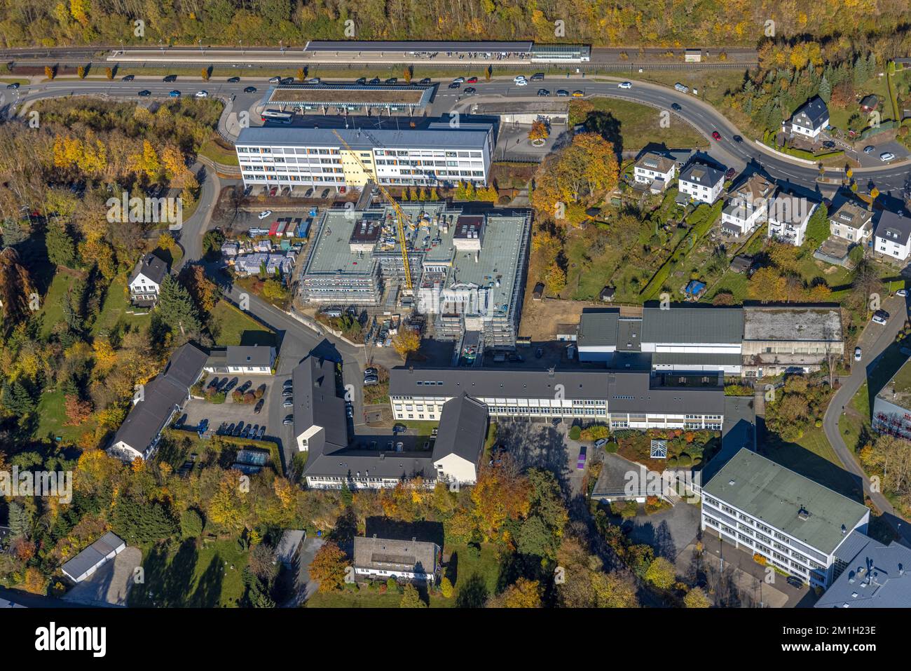 Aerial view, bus station and construction work at the Berufskolleg ...