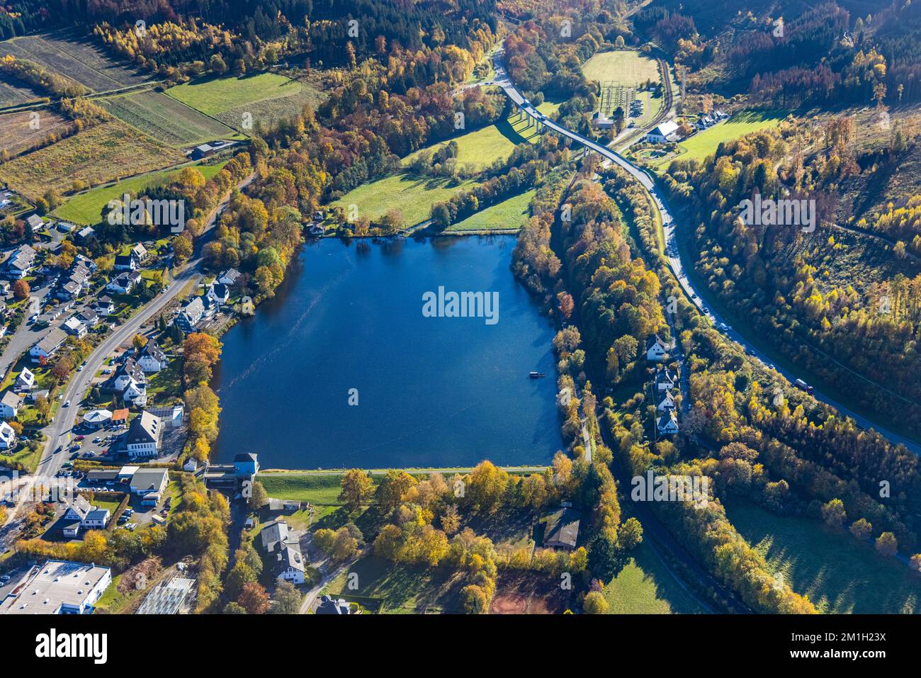 Aerial view, reservoir Olsberg with flow of Ruhr river in Olsberg ...