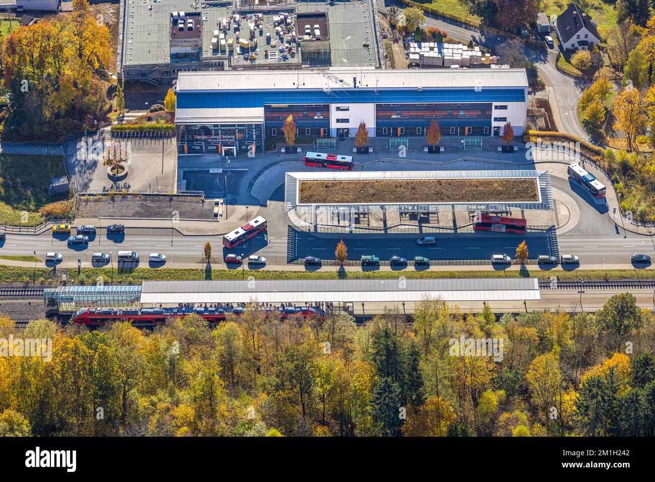 Aerial view, bus station and construction work at the Berufskolleg ...