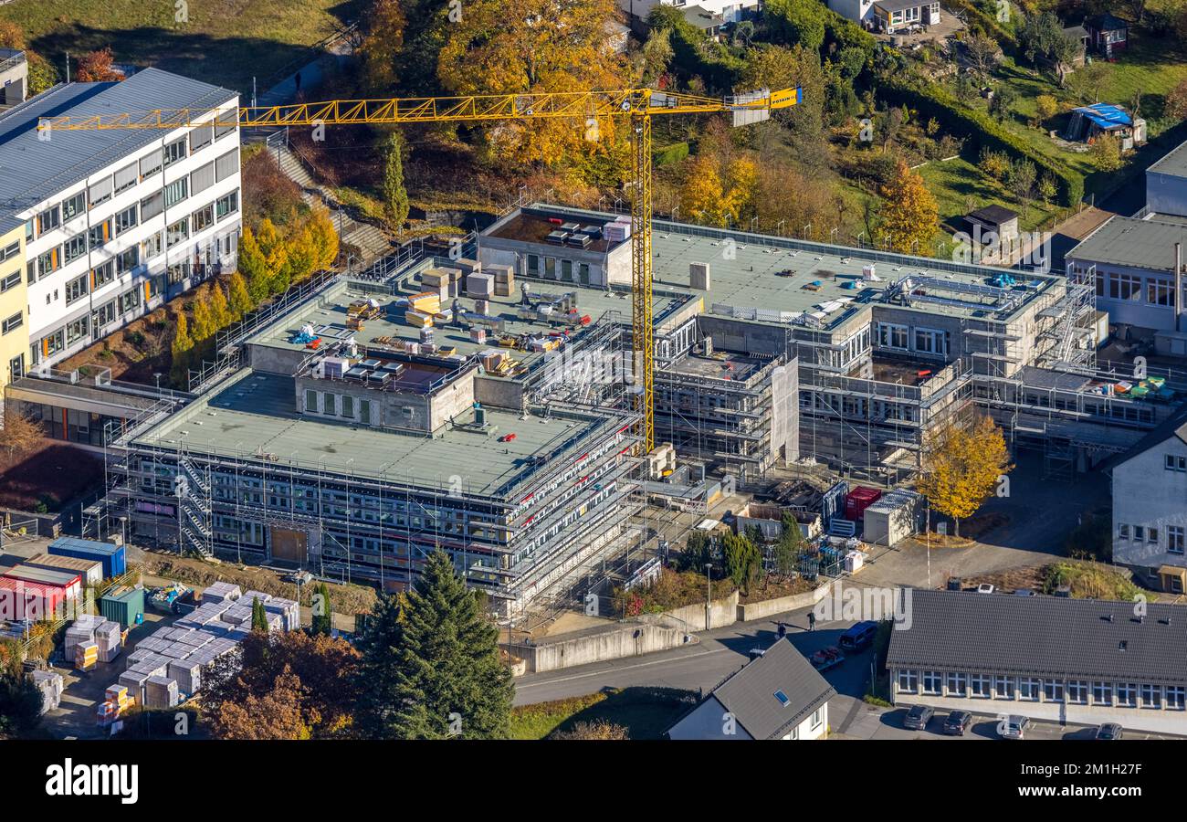 Aerial view, construction work at the Berufskolleg Olsberg of the HSK ...