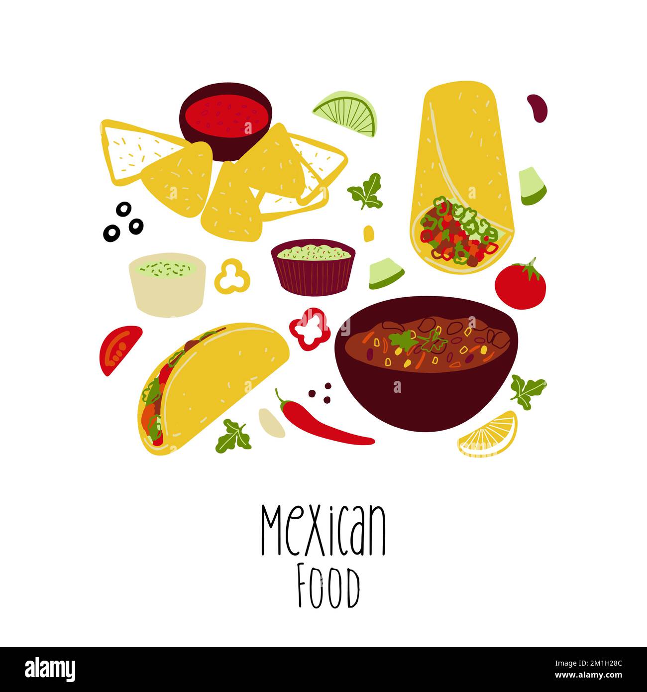 Mexican food illustration Tacos, Burrito, Chili Con Carne, Nachos ...