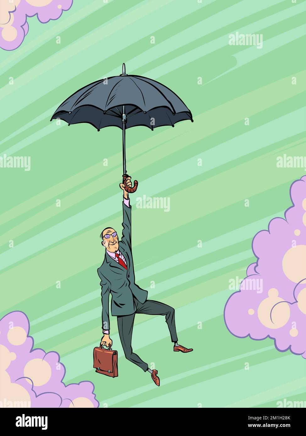 A businessman with a briefcase is flying on an umbrella. Business goal ...