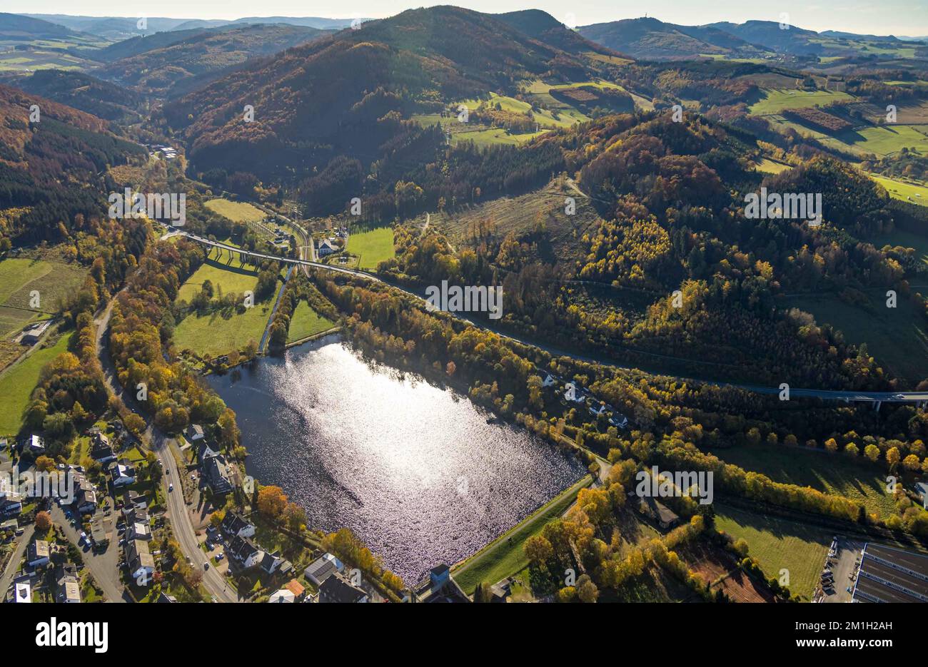Aerial view, reservoir Olsberg with flow of Ruhr river in Olsberg ...