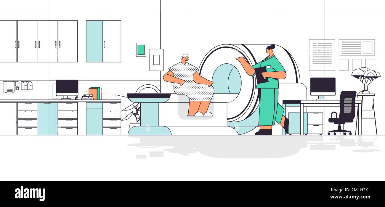doctor with senior patient in tomography machine magnetic resonance ...