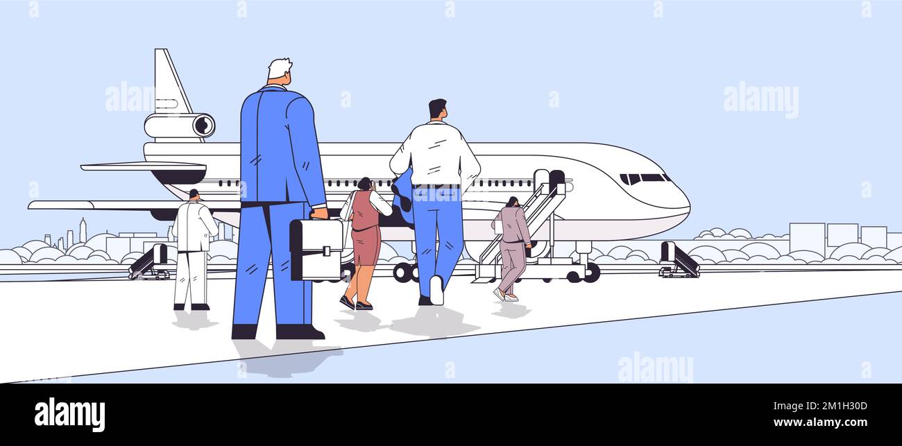 businesspeople passengers near airplane standing back to camera rear ...