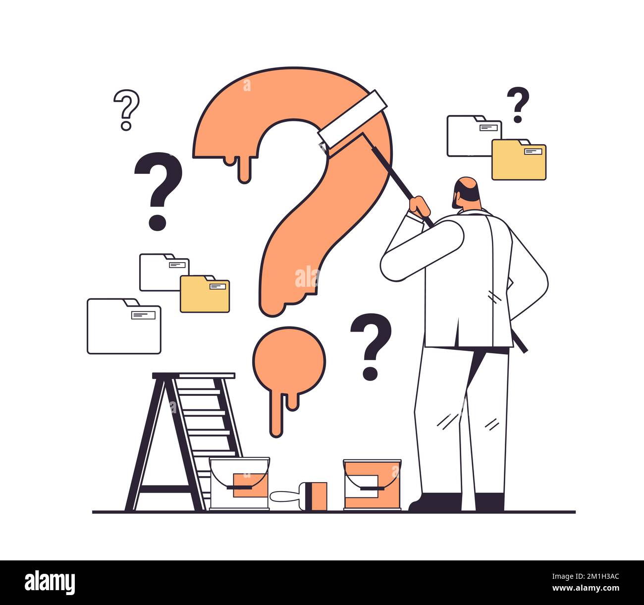 confused businessman painting question mark on wall frustration problem ...