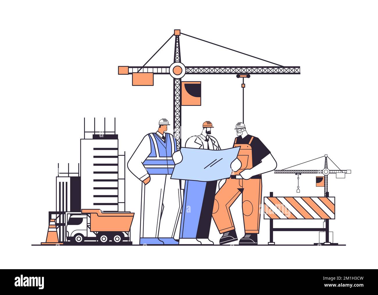 construction workers team holding blueprint industrial technicians builders group over city ...