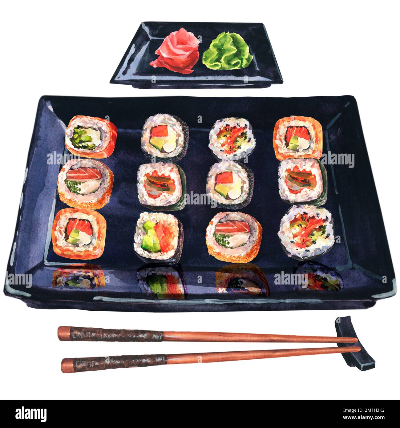 Watercolor illustration sushi rolls set serving with ginger and wasabi ...