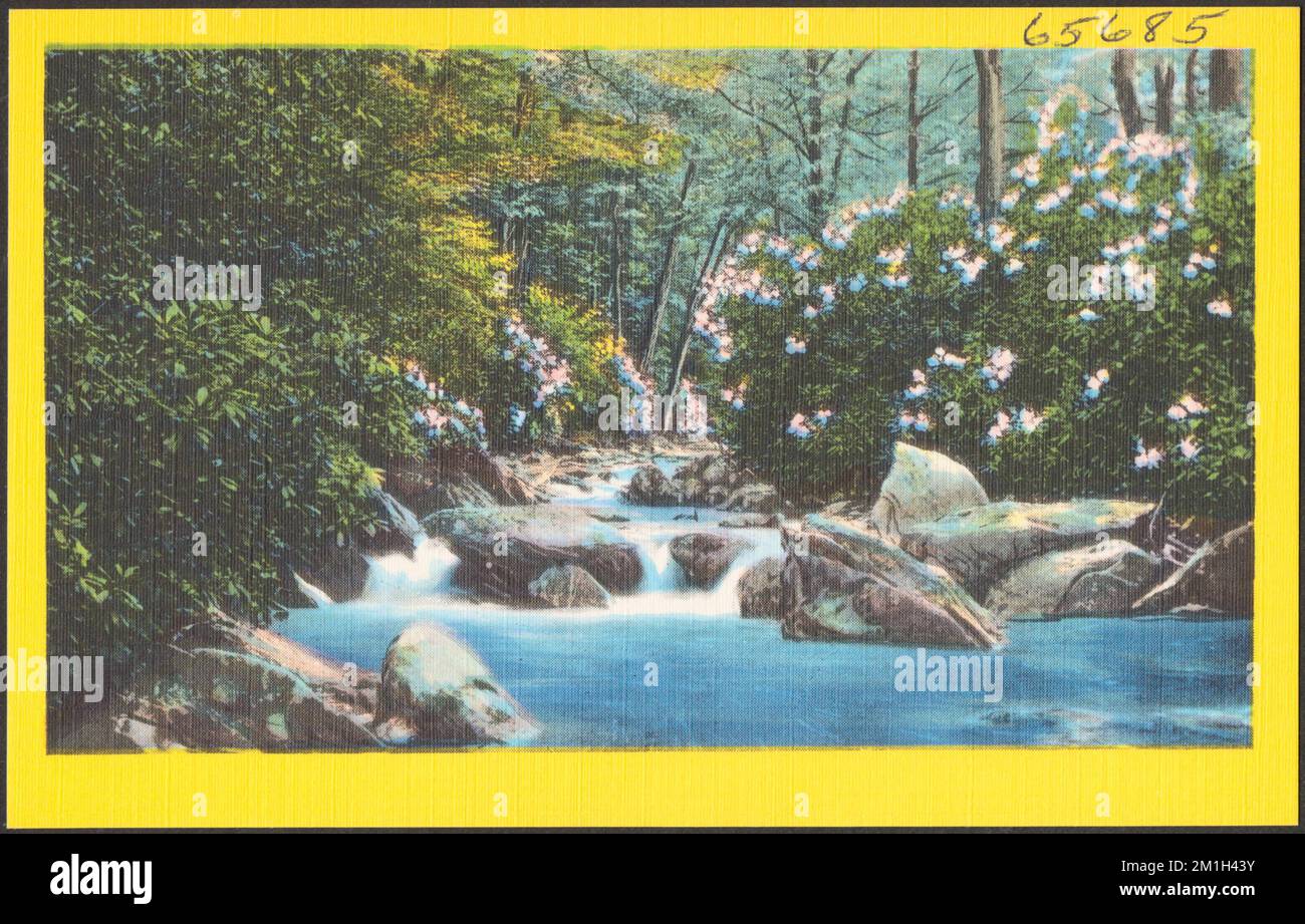 Water rushing over rocks in a river , Rivers, Rocks, Tichnor Brothers ...