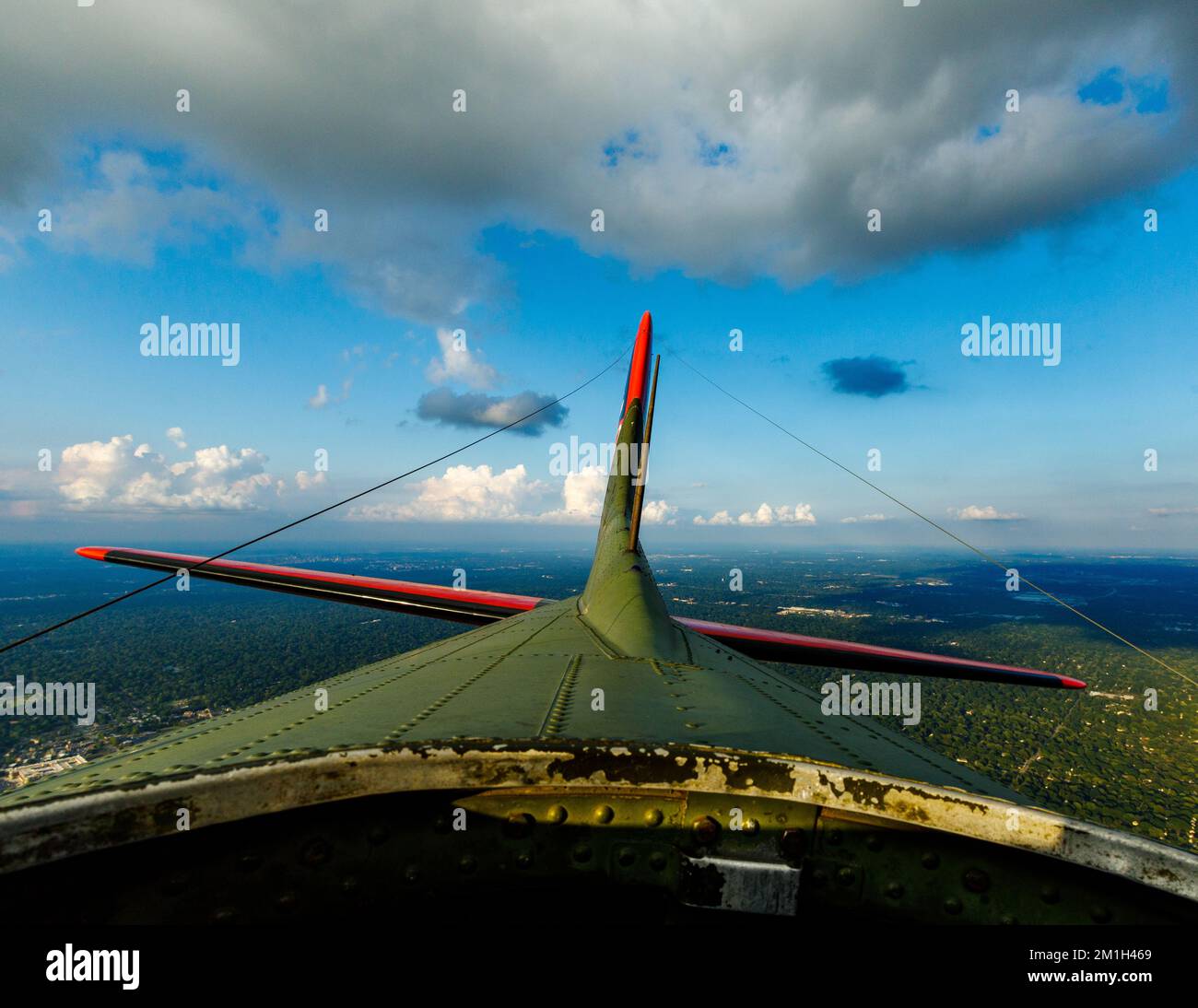The looking aft from the radio station in flight of the B-17G plane ...