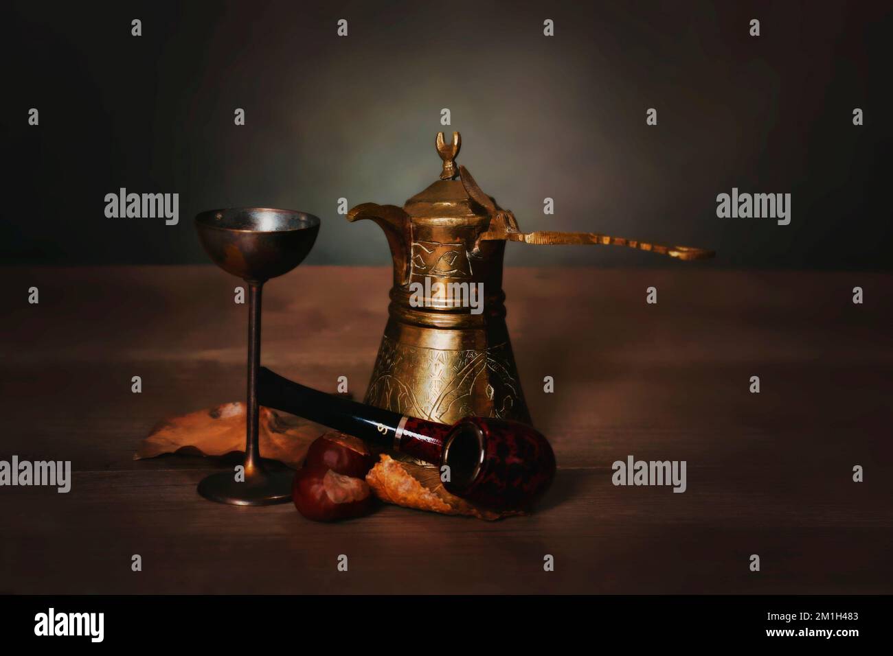 An aesthetic coffee still life view with a metal pot, glass and smoking ...