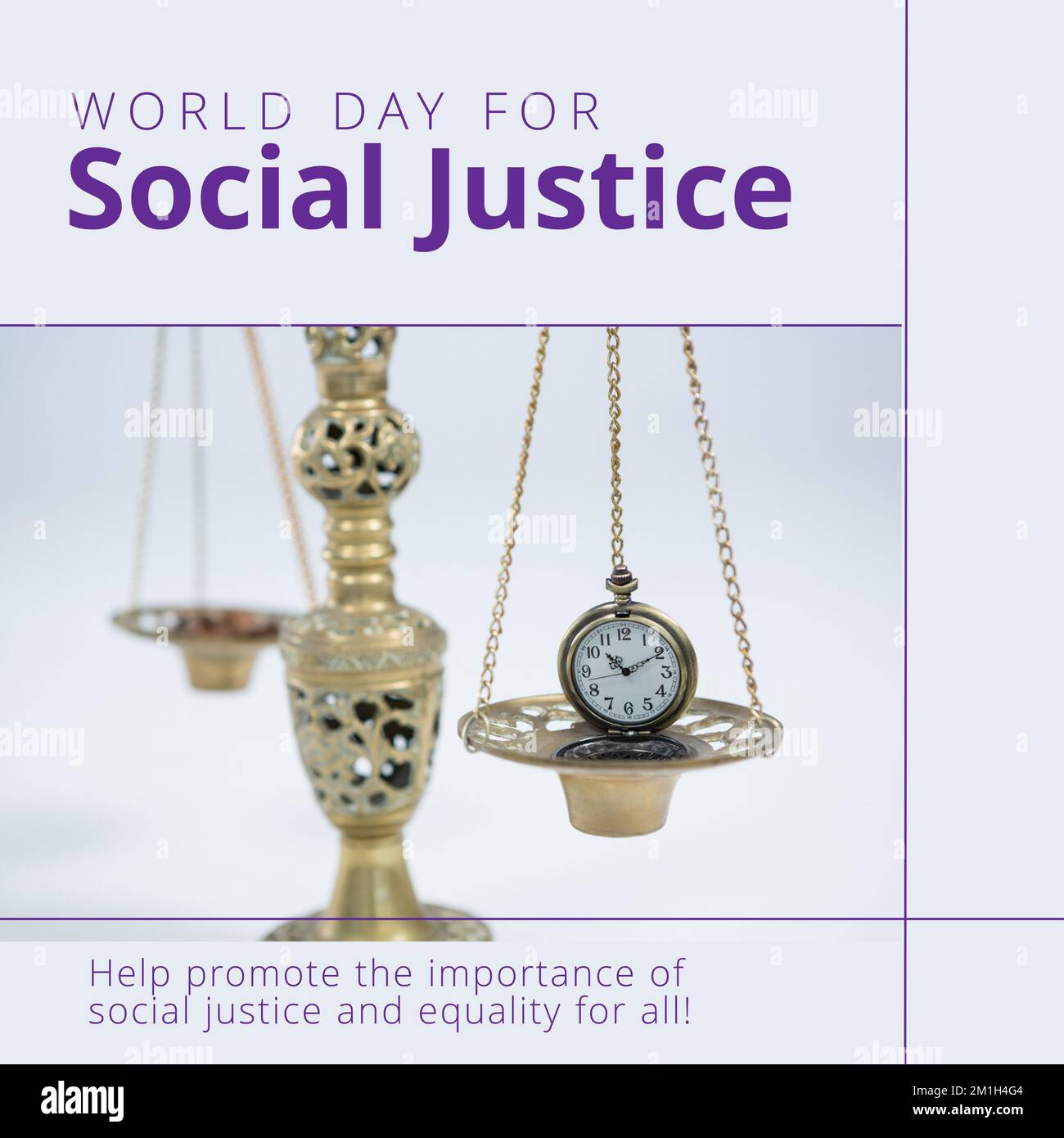 Composition of world day of social justice text over justice scales and ...