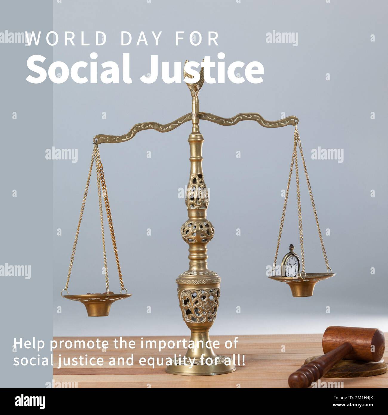 Composition of world day of social justice text over justice scales and ...