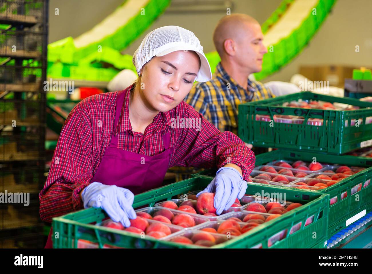 Man carrying box full of peaches and young woman packing Stock Photo ...