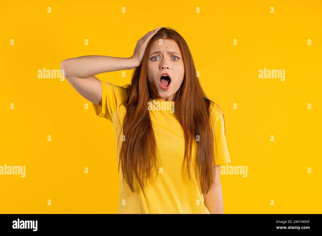 Worried confused woman, no, she forgot. Shocked girl feeling sorrow ...