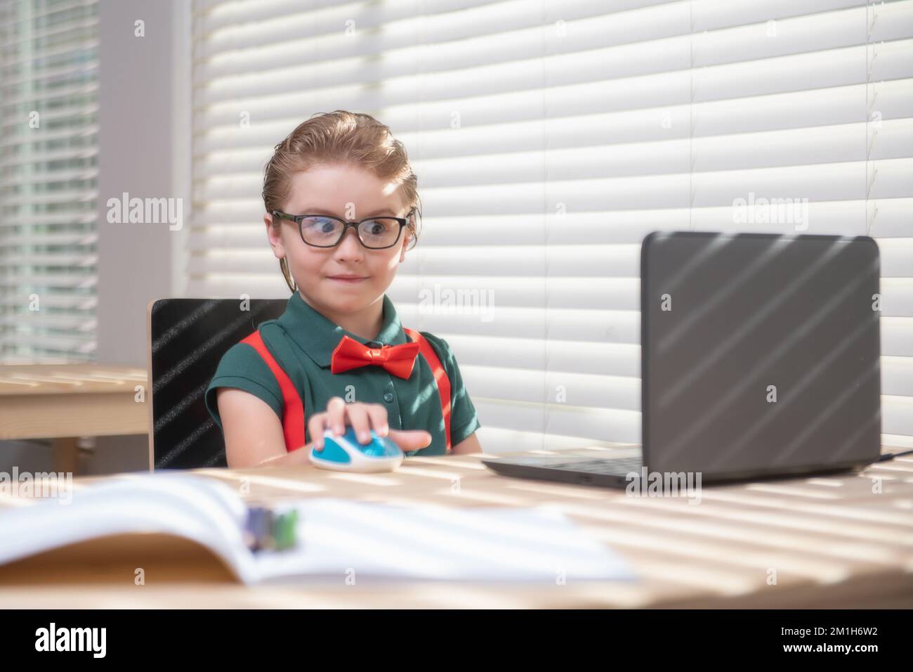 Smart school boy at home writing homework. Little student with notebook ...