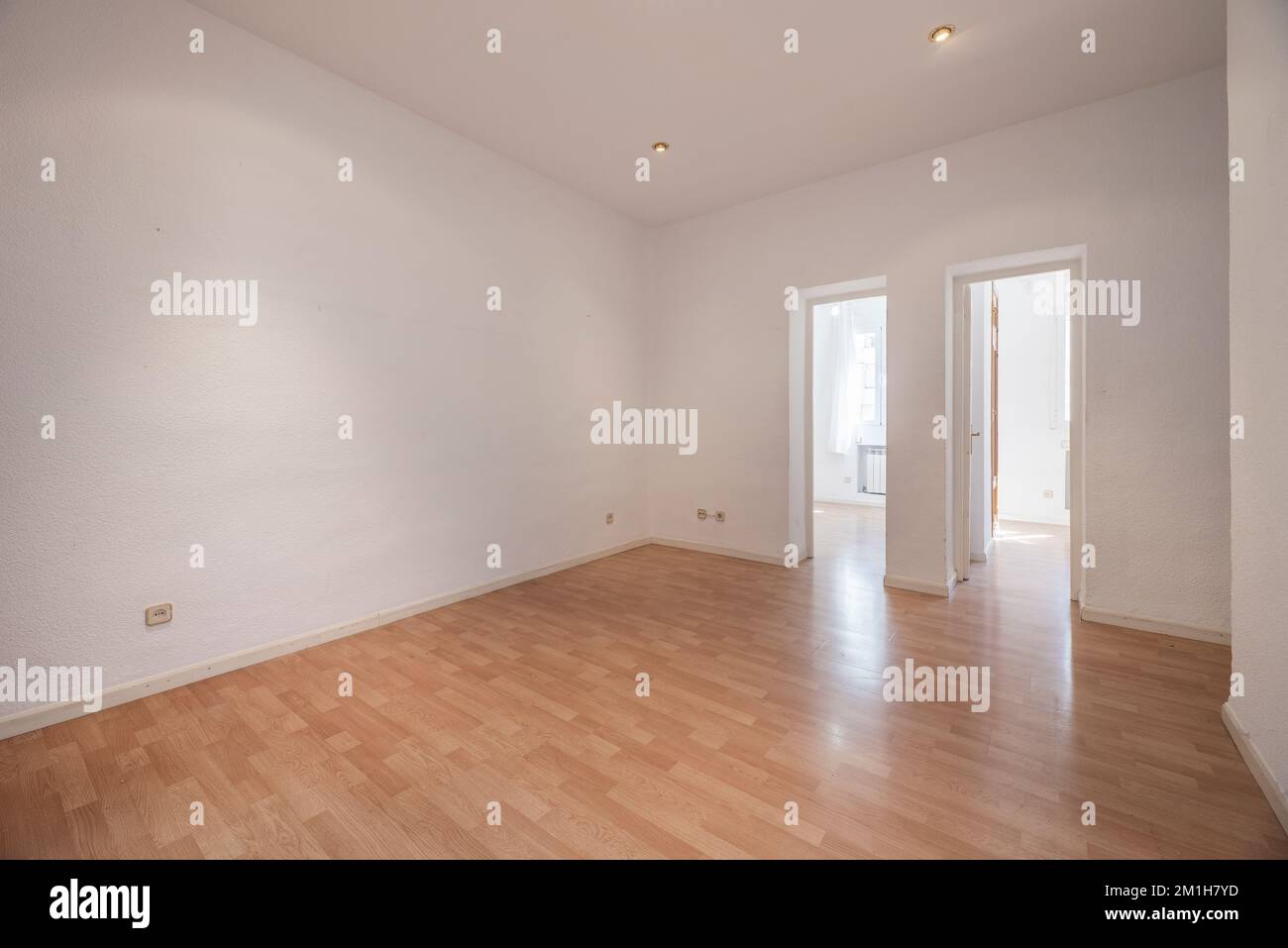 An empty room with access to others with windows, all with laminate ...