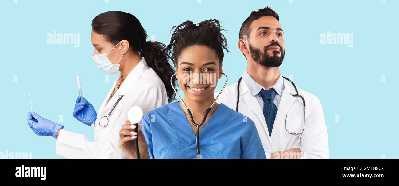 Young Multiethnic Doctors Wearing Uniform With Stethoscopes Posing Over ...