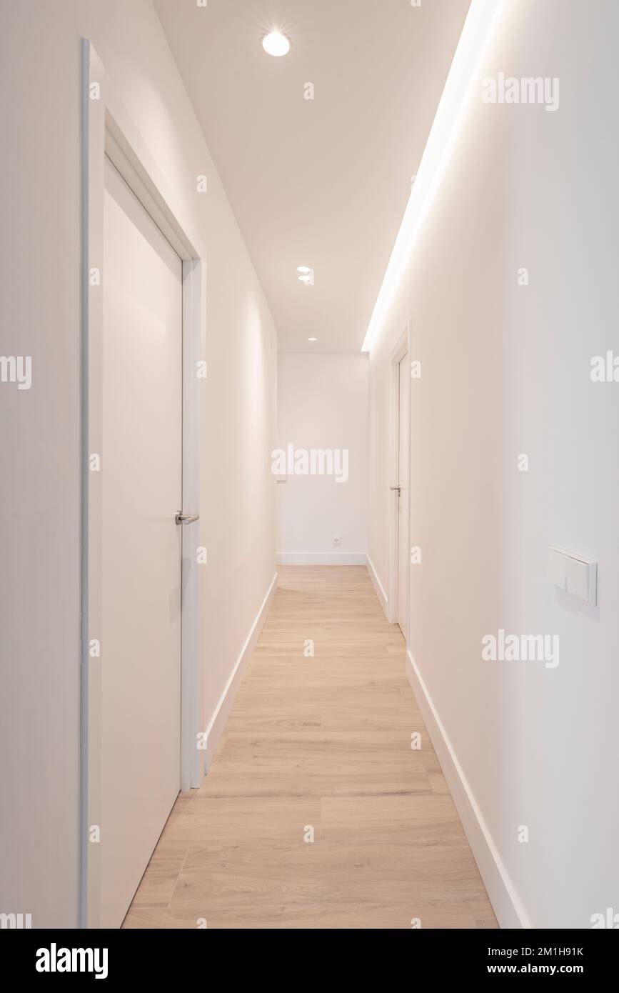 A long corridor in a house with smooth white materials and light oak ...