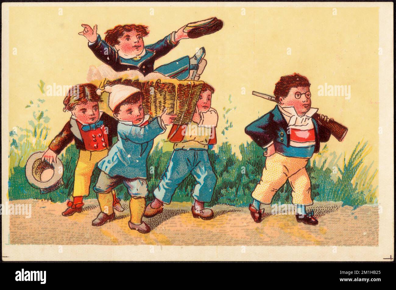 Five boys, four walking and one being carried in a basket. , Boys ...