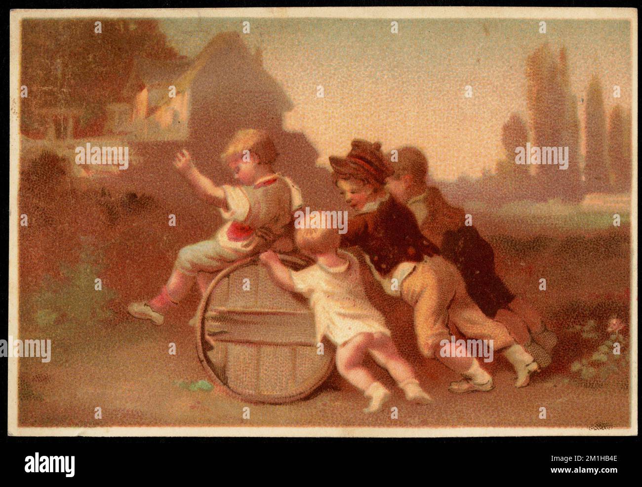 Four boys - three pushing a barrel, one riding on top of it. , Children ...