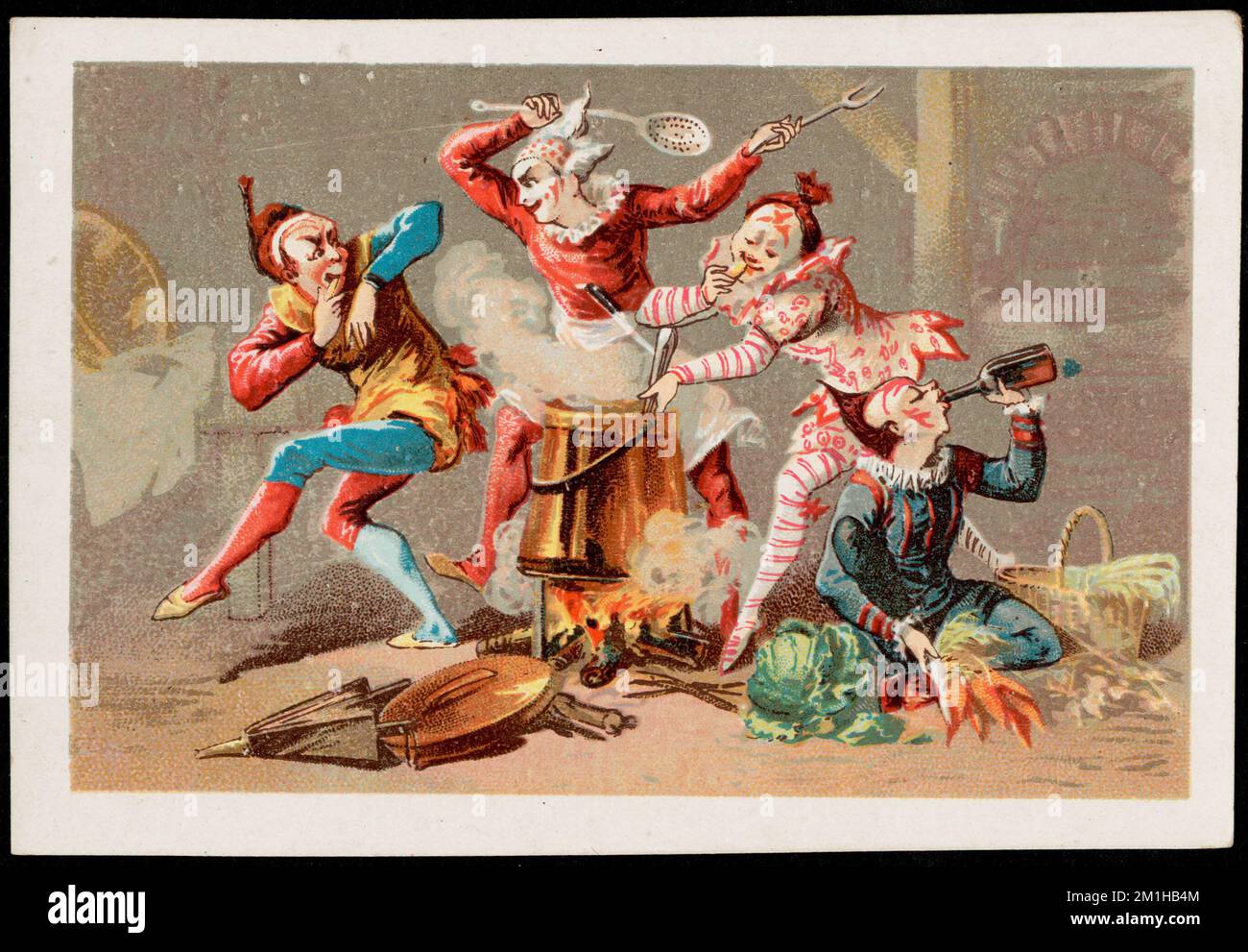 Four clowns cooking over a fire - one drinks a bottle, one stirs a pot ...
