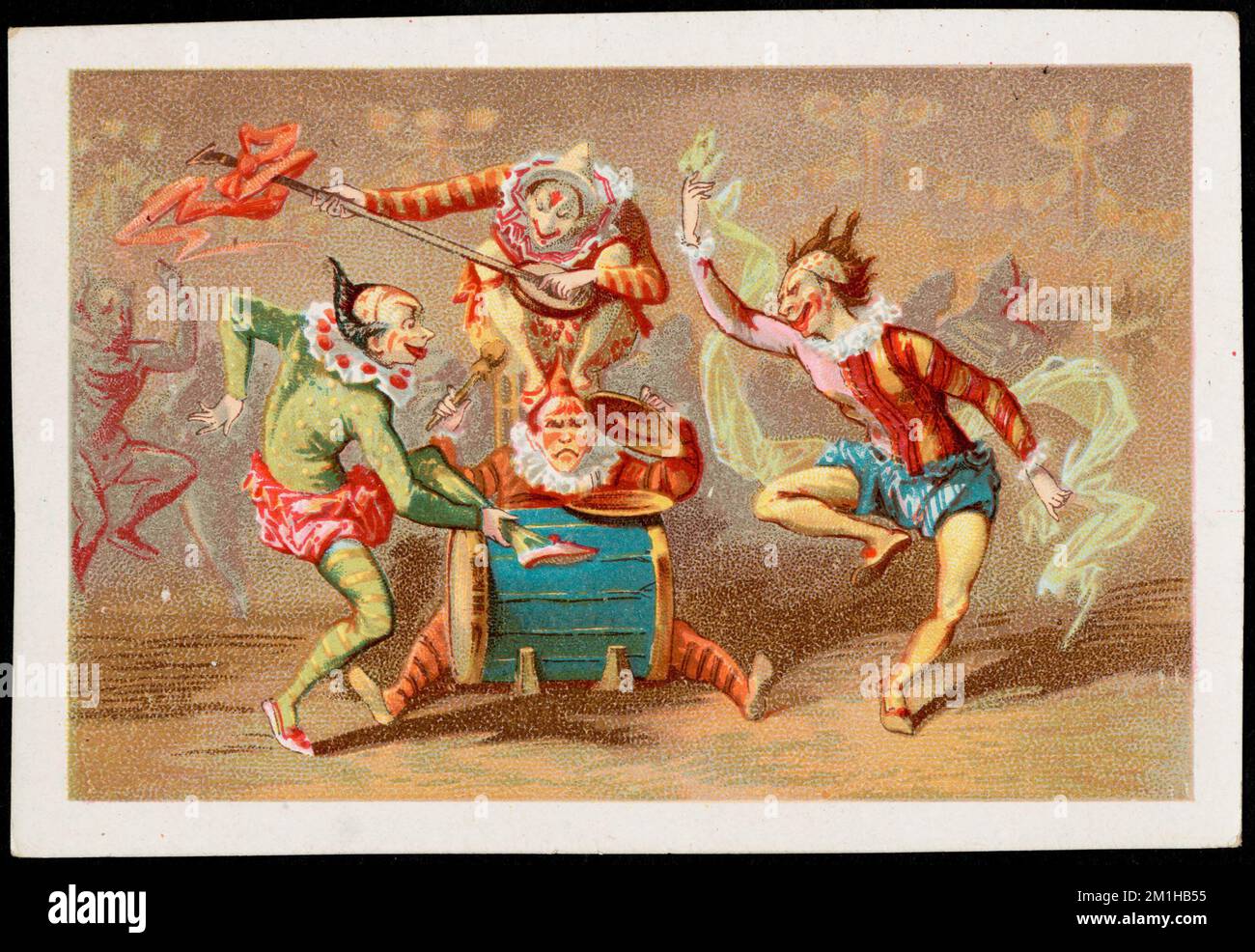 Four clowns - two clowns dancing, one clown playing a drum and cymbals ...