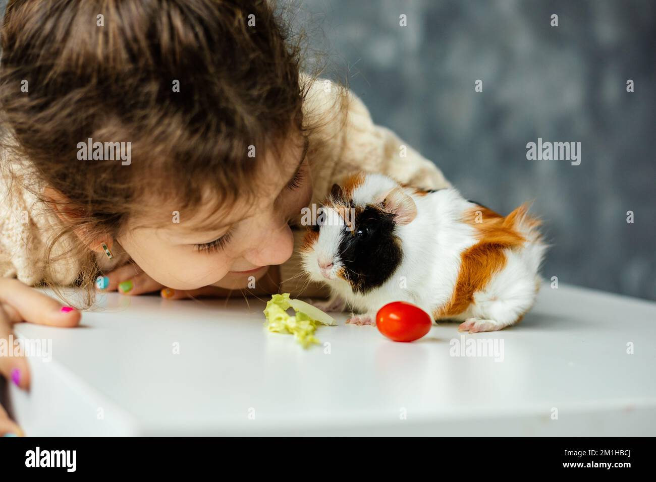 Close up photo little girl watching, playing, feeding small spotty ...