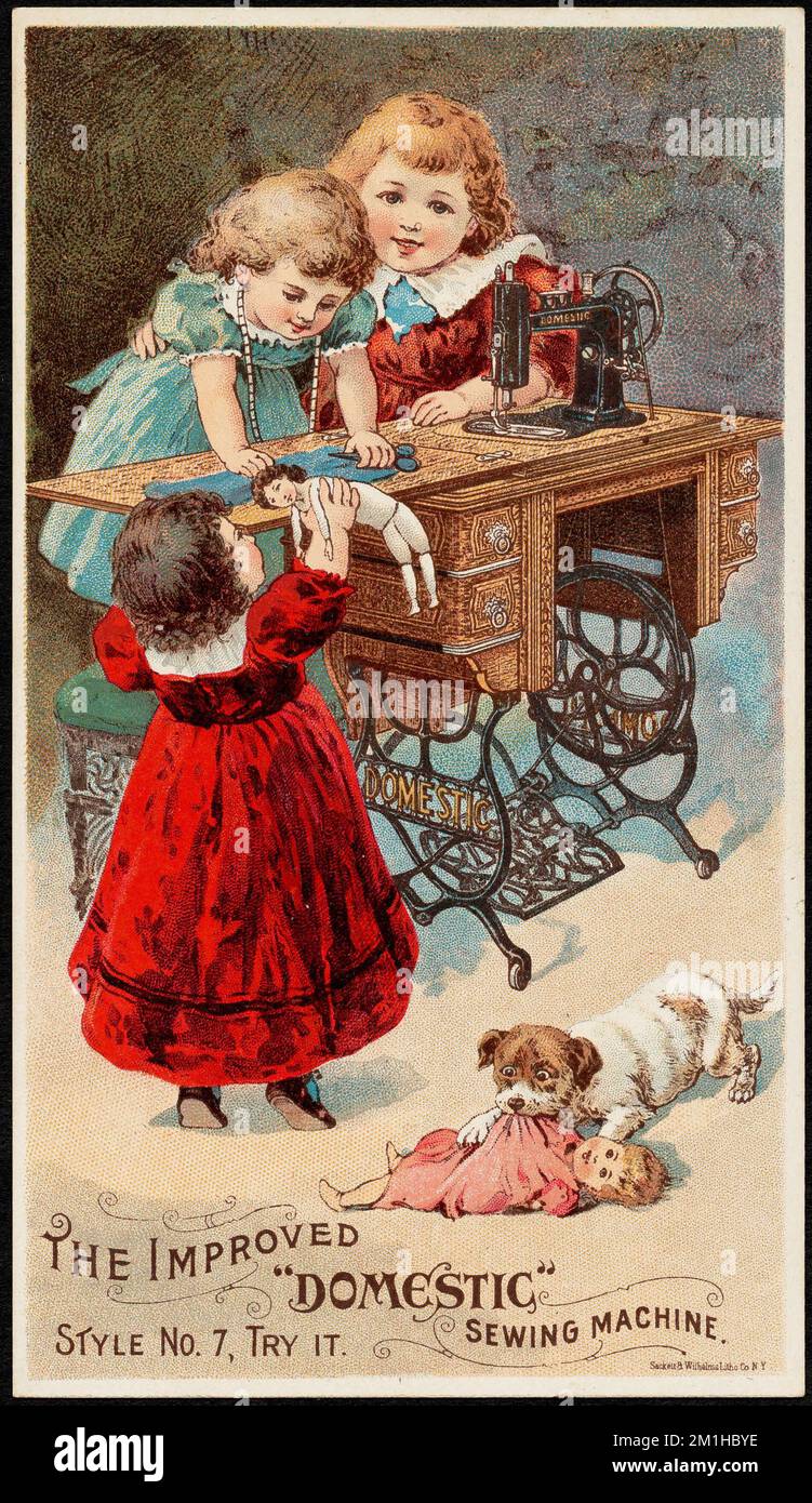 The improved 'Domestic' sewing machine. Style no. 7, try it. , Girls ...
