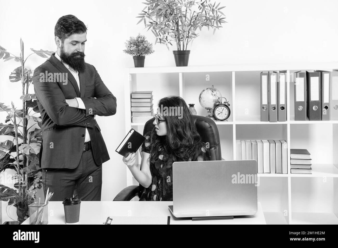 Work task order. Boss set task to secretary. Office work. Man and woman ...