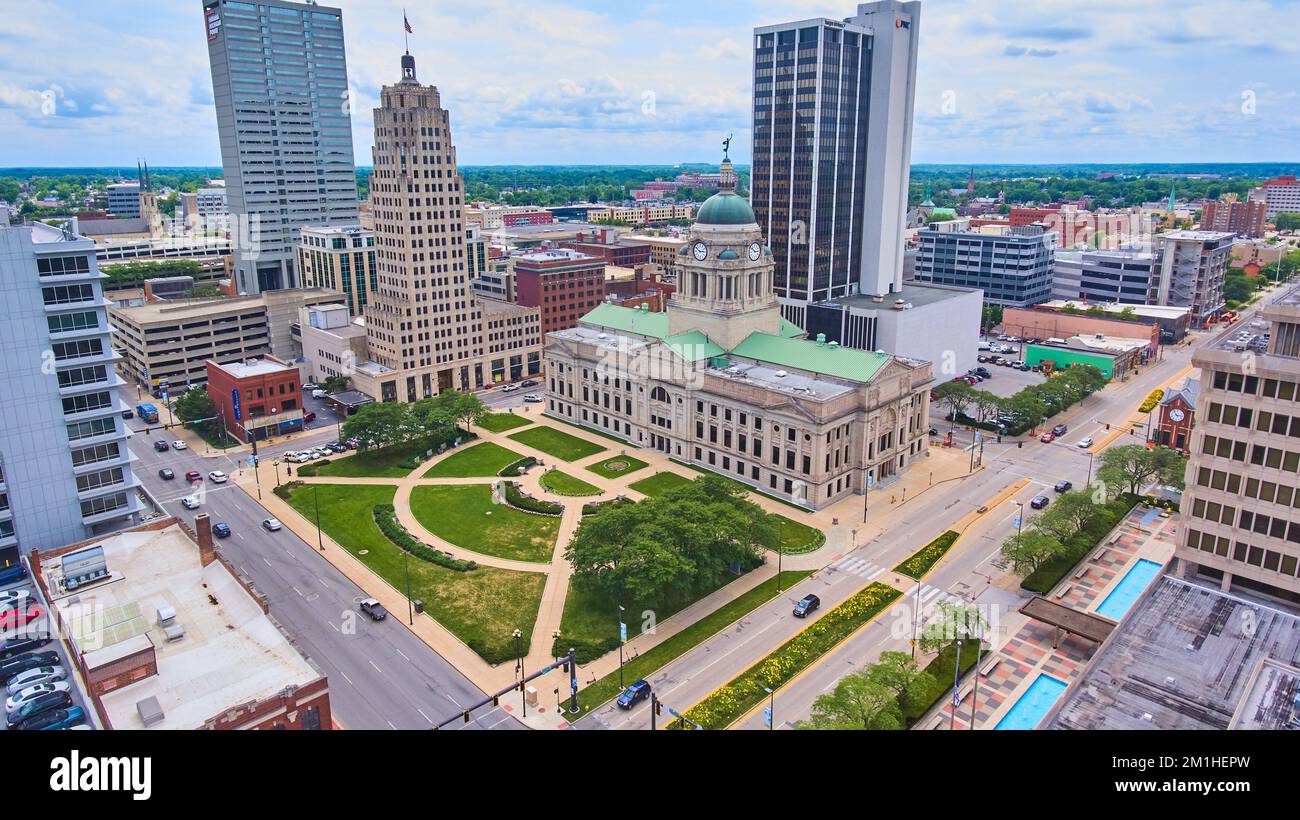 Aerial of Indiana Allen County Fort Wayne courthouse downtown with city ...