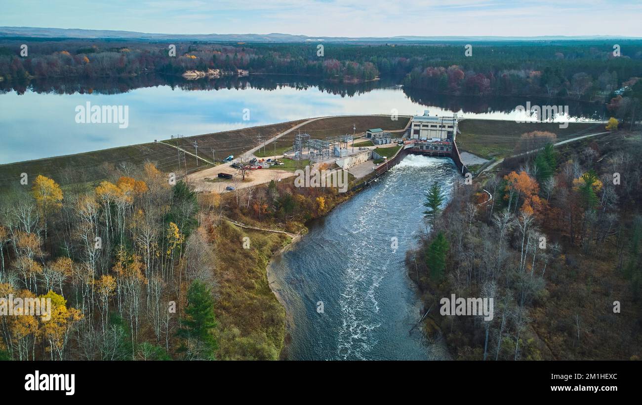 Michigan lake meet river at dam in late fall Stock Photo - Alamy