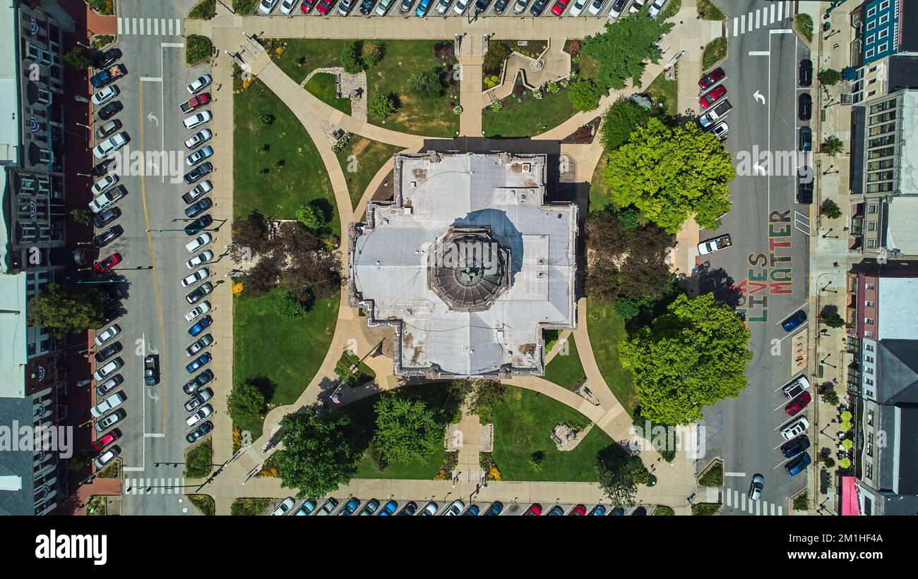 Looking down on Courthouse and The Square in Bloomington Indiana Stock ...