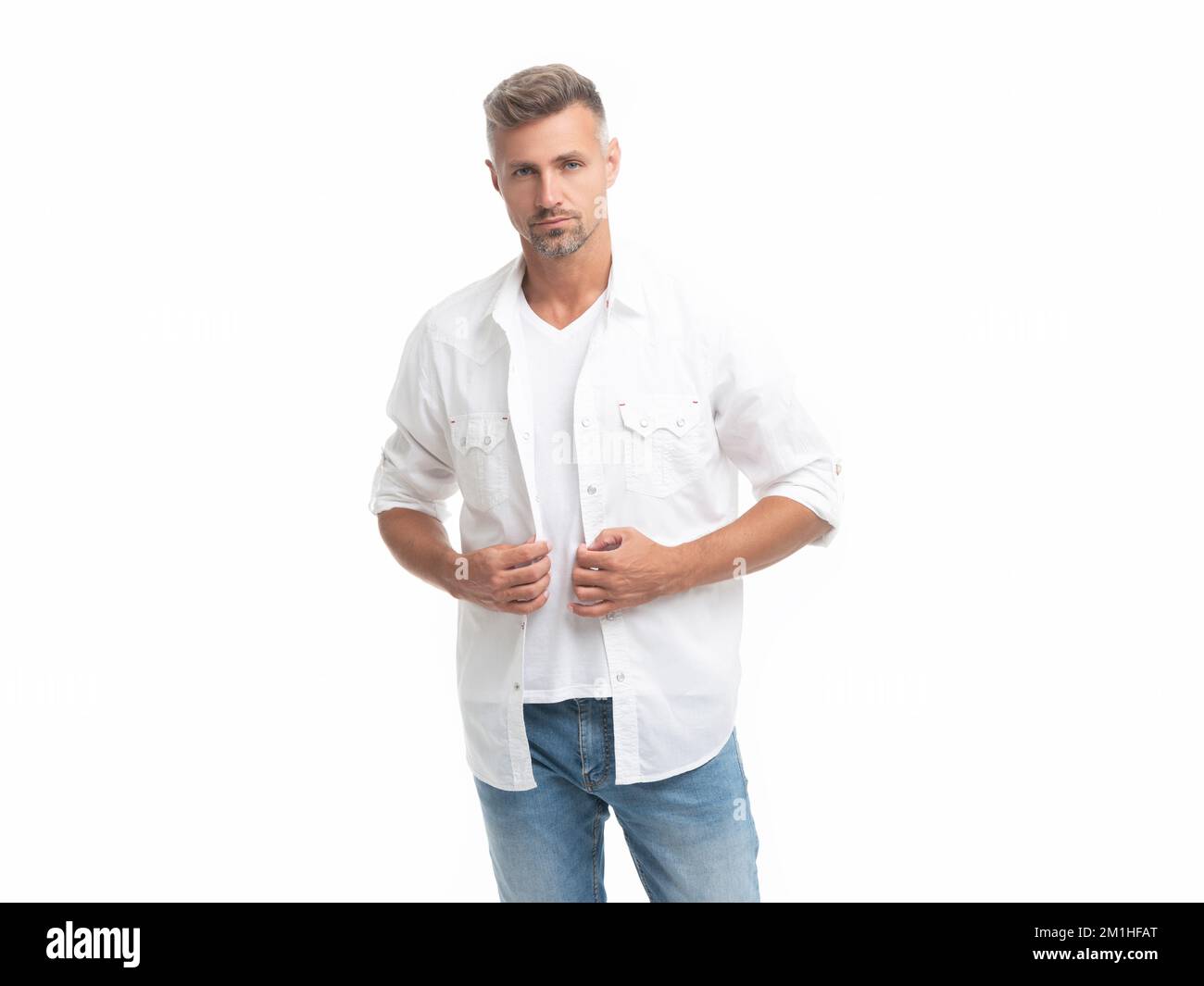 mature unshaven man isolated on white background. unshaven man in white ...