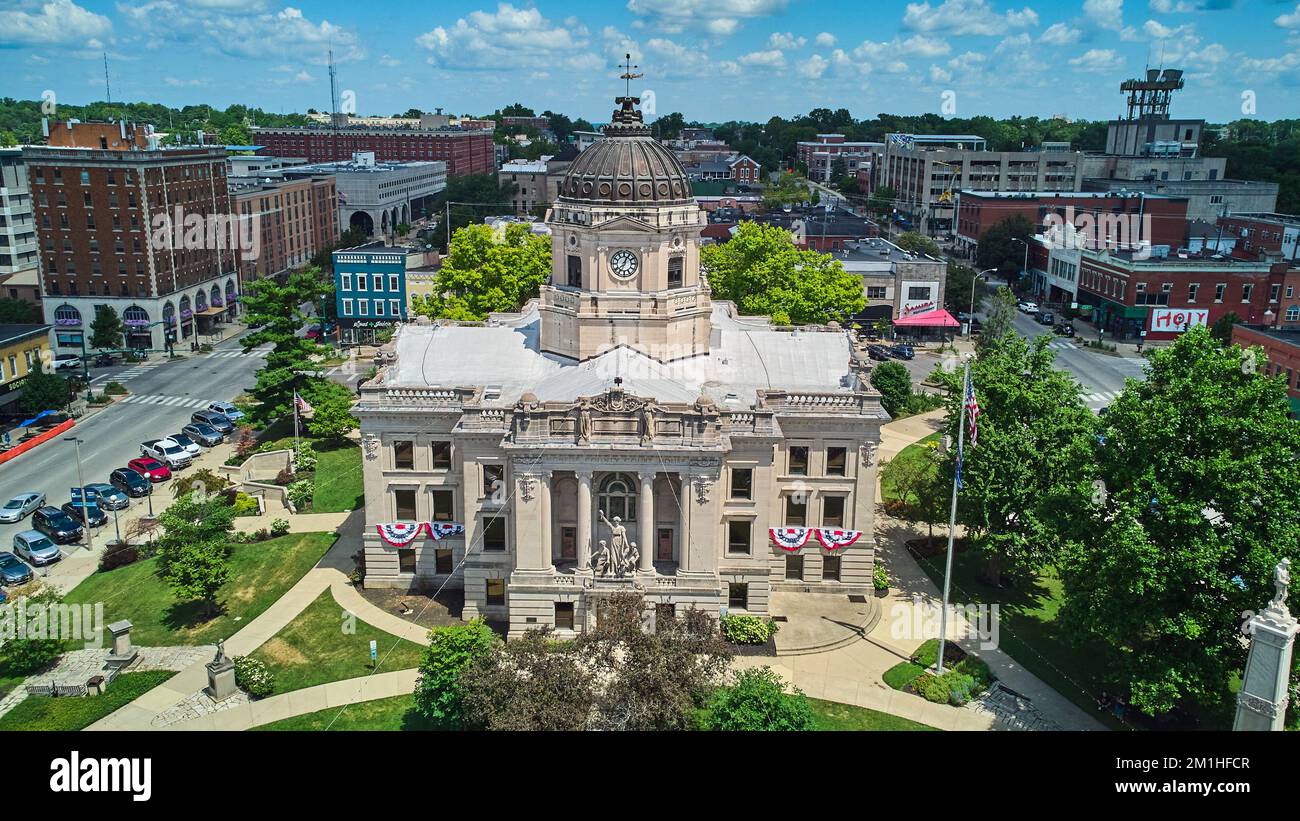 Exterior aerial of beautiful Bloomington Indiana Courthouse on Square ...