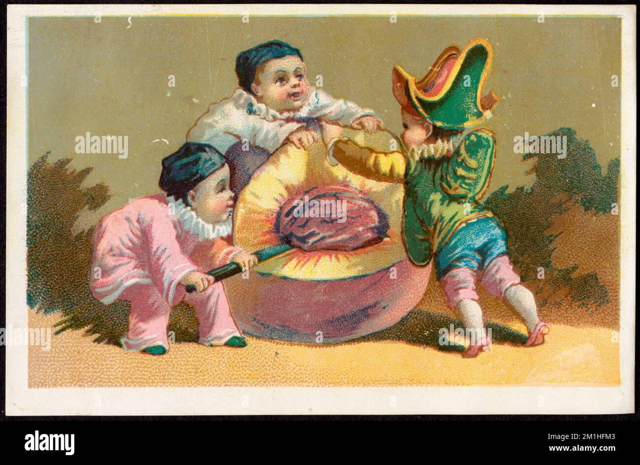 Three boys on a giant peach, one trying to pry off the pit. , Children ...