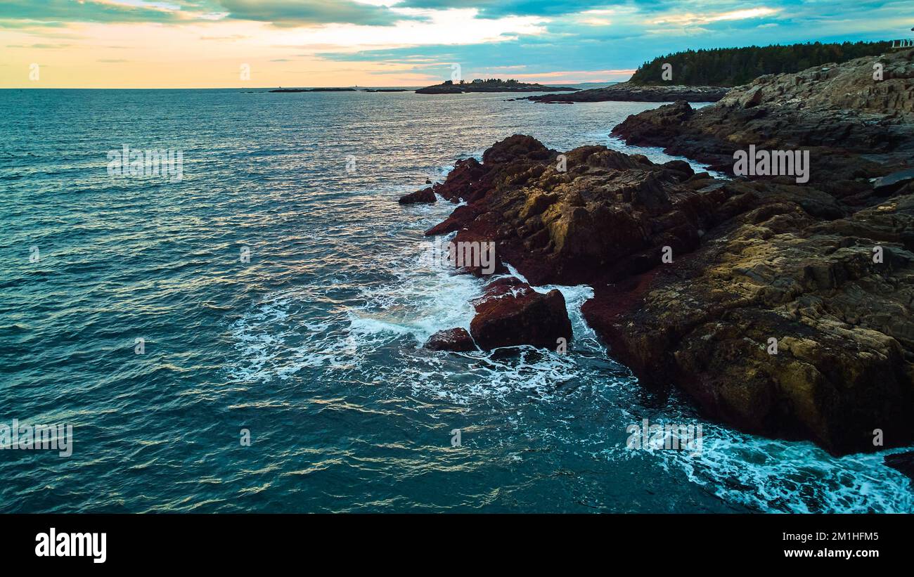 Serene ocean view over coasts of Maine with rocky coasts, waves ...